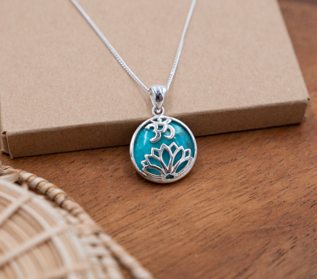Silver Turquoise OM Pendant With 18 Chain, 925 Sterling Silver Lotus ...