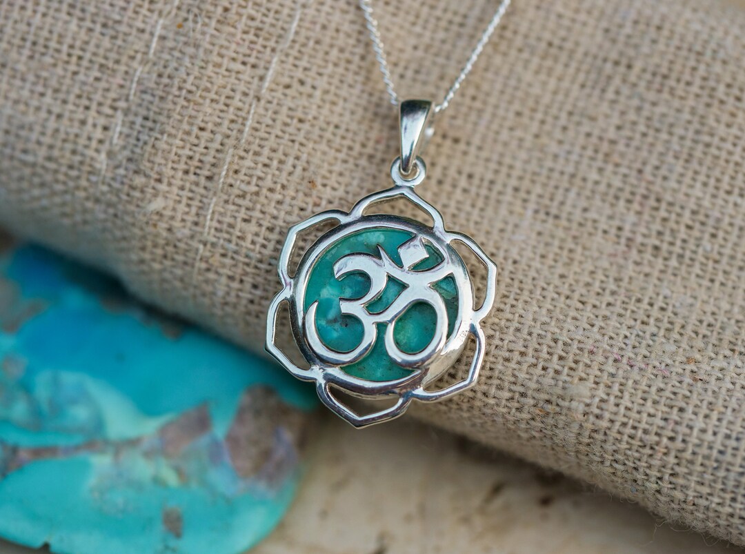Floral Design OM Necklace - OM Symbol Pendant With Natural Turquoise ...