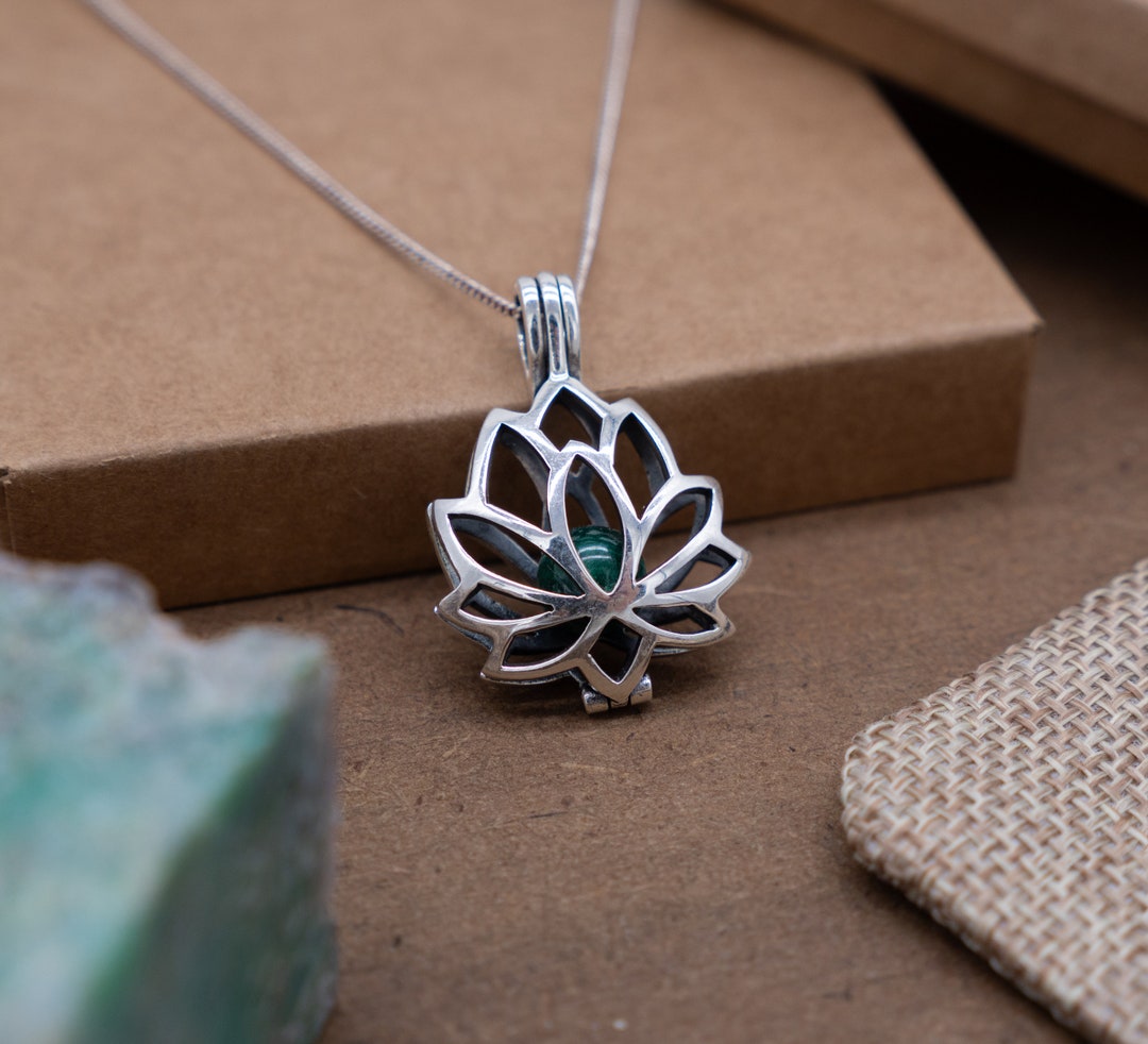Silver Lotus Locket Pendant, Lotus Flower Gemstone Necklace, Amethyst ...