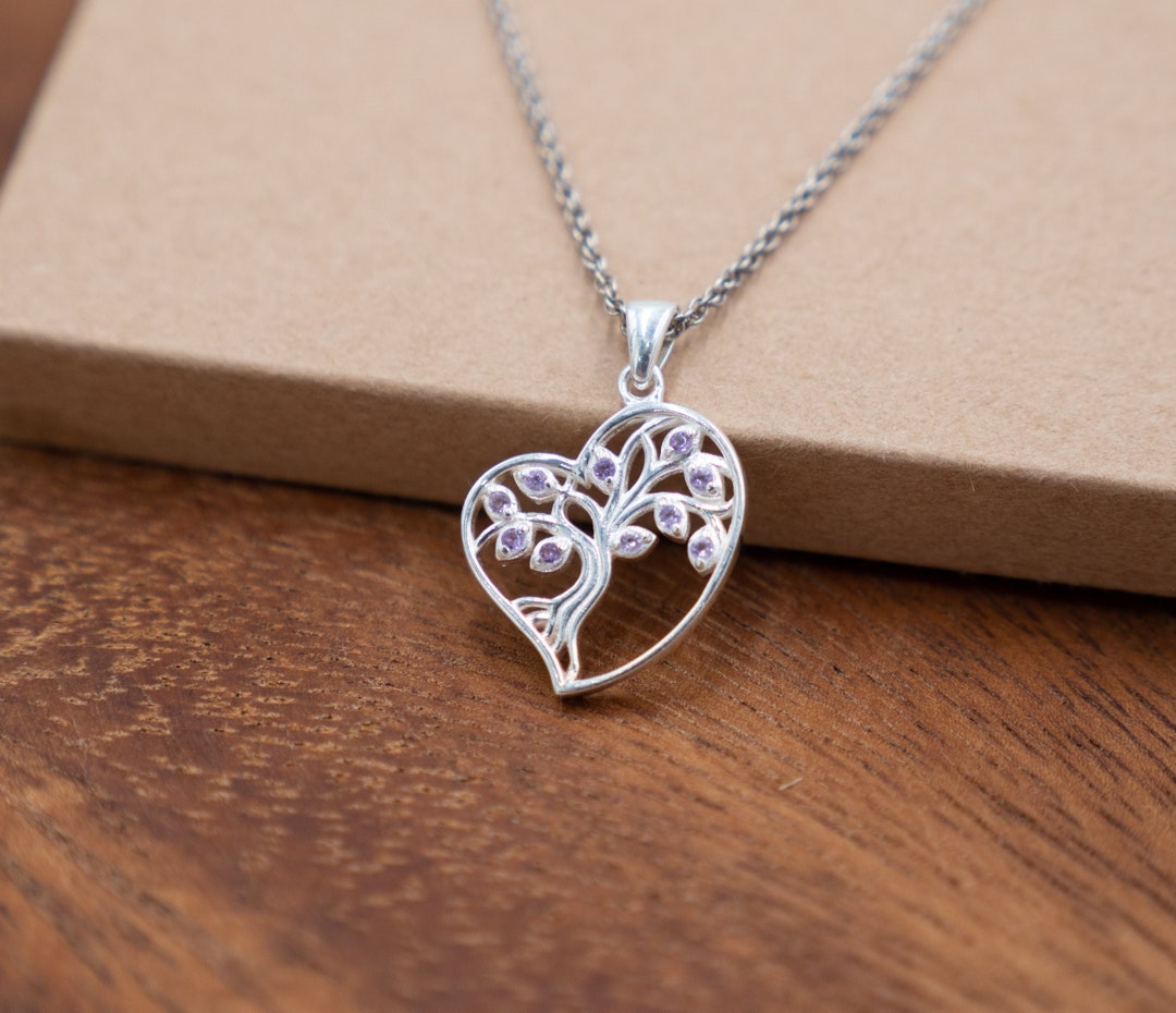 Silver Tree of Life Heart Pendant With Amethyst Fruits, Unique Heart ...