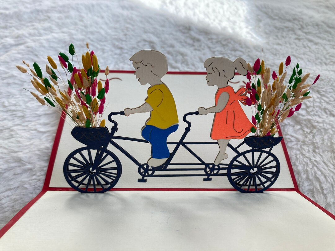 Two Kids on a Tandem Bike Pop-up Card; Childhood Themed Greeting Card ...
