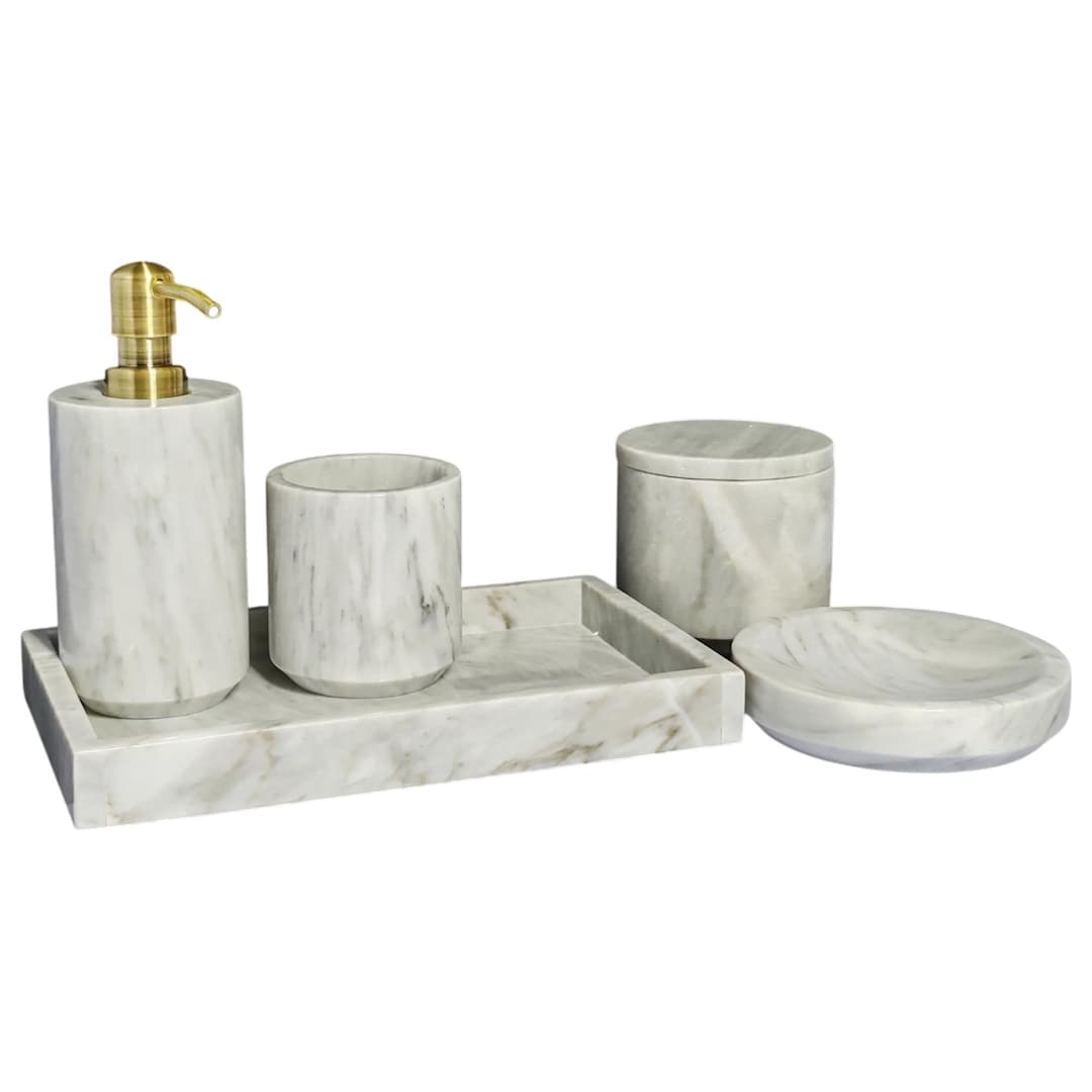 Luxury White Marble Bathroom Set – 5-piece Handcrafted Bath Accessories ...