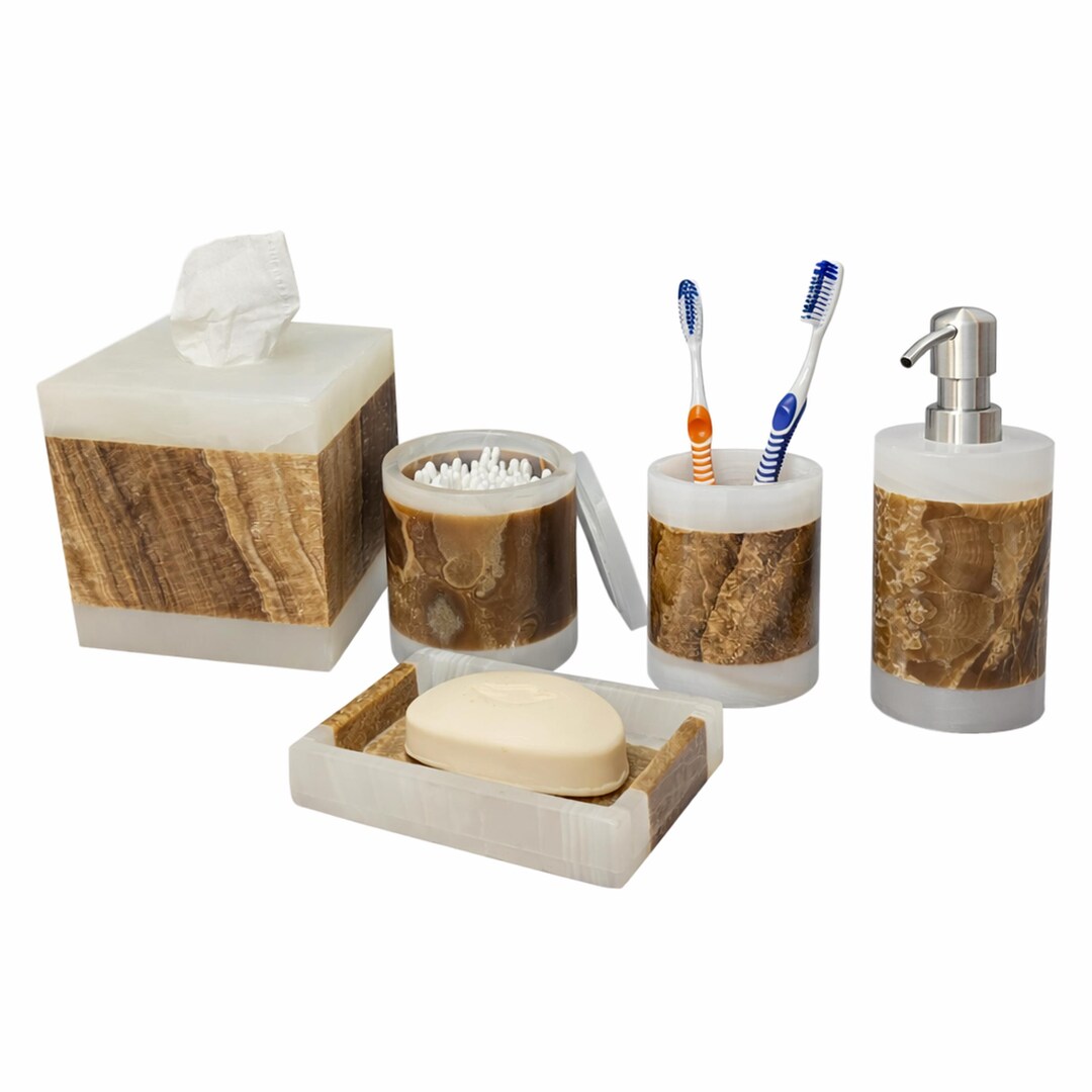 White and Chocolate Onyx Bathroom Set | 5-piece Handcrafted Stone ...