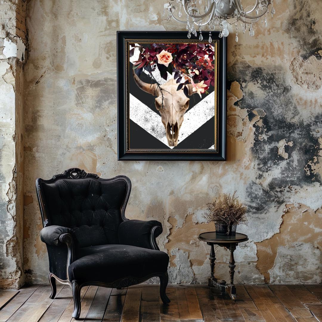Maximalist Gothic, Rustic Cow Skull Print With Moody Burgundy Blooms on ...