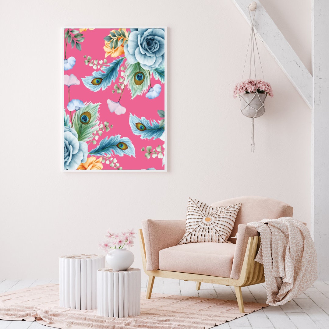 Maximalist Pink Print With Blue Roses, Peacock Feather Pattern | Summer ...