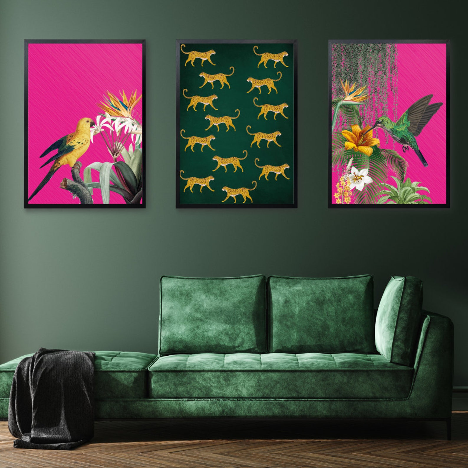 Tropical Maximalist Print Set of 3 | Jungle Wall Art | Hot Pink ...