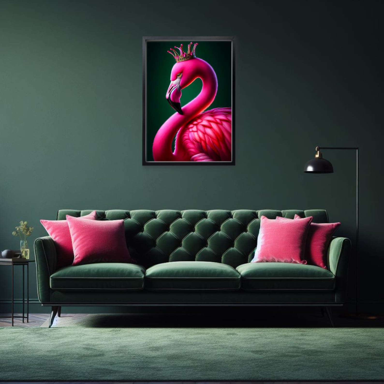 Vibrant Pink Flamingo in a Crown Print on Deep Green Background ...