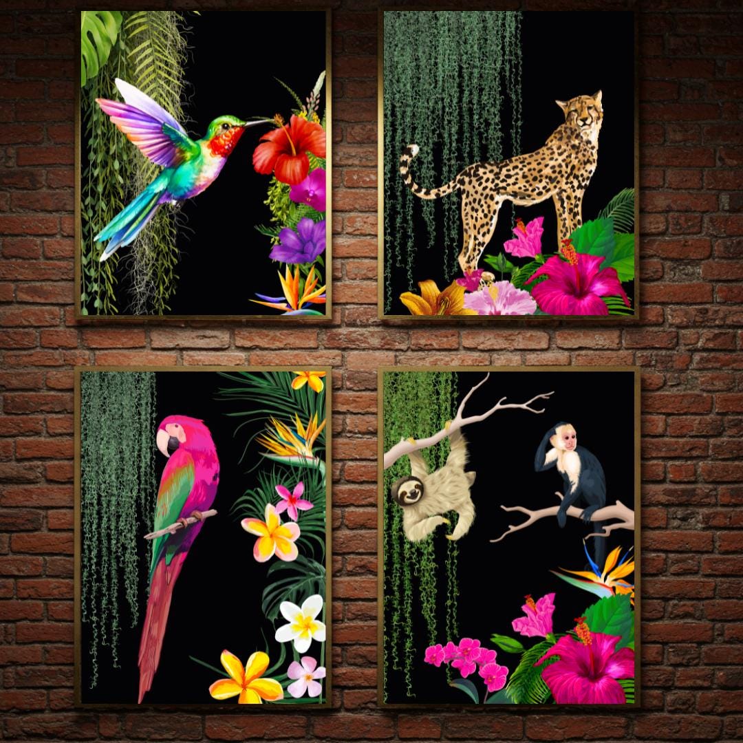 Tropical Jungle Print Set of 4 | Maximalist Animal Wall Art on Black ...