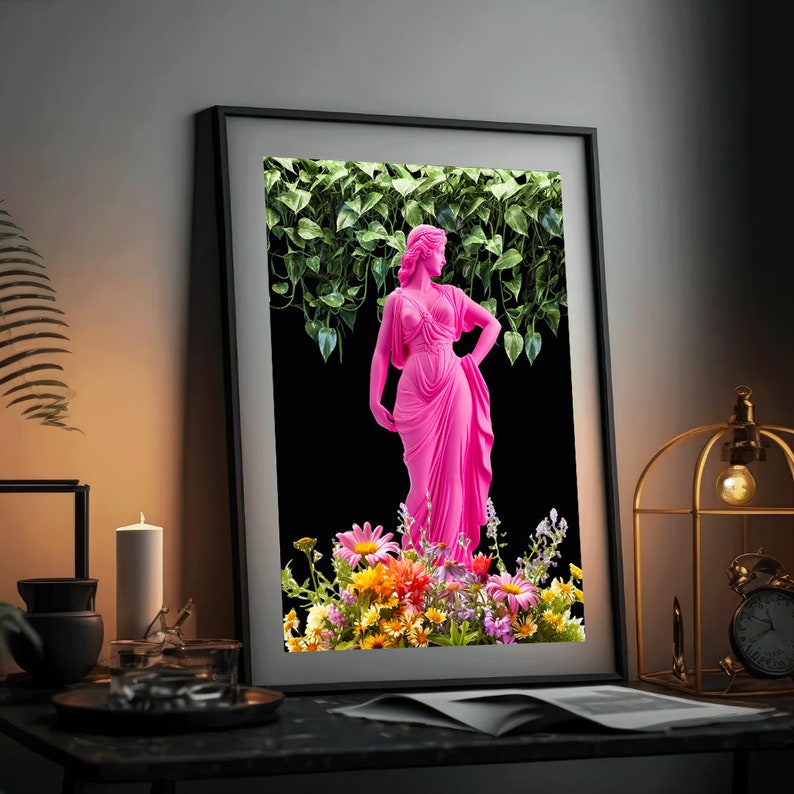 Hot Pink Greek Goddess Statue Art Print - Maximalist Botanical and ...