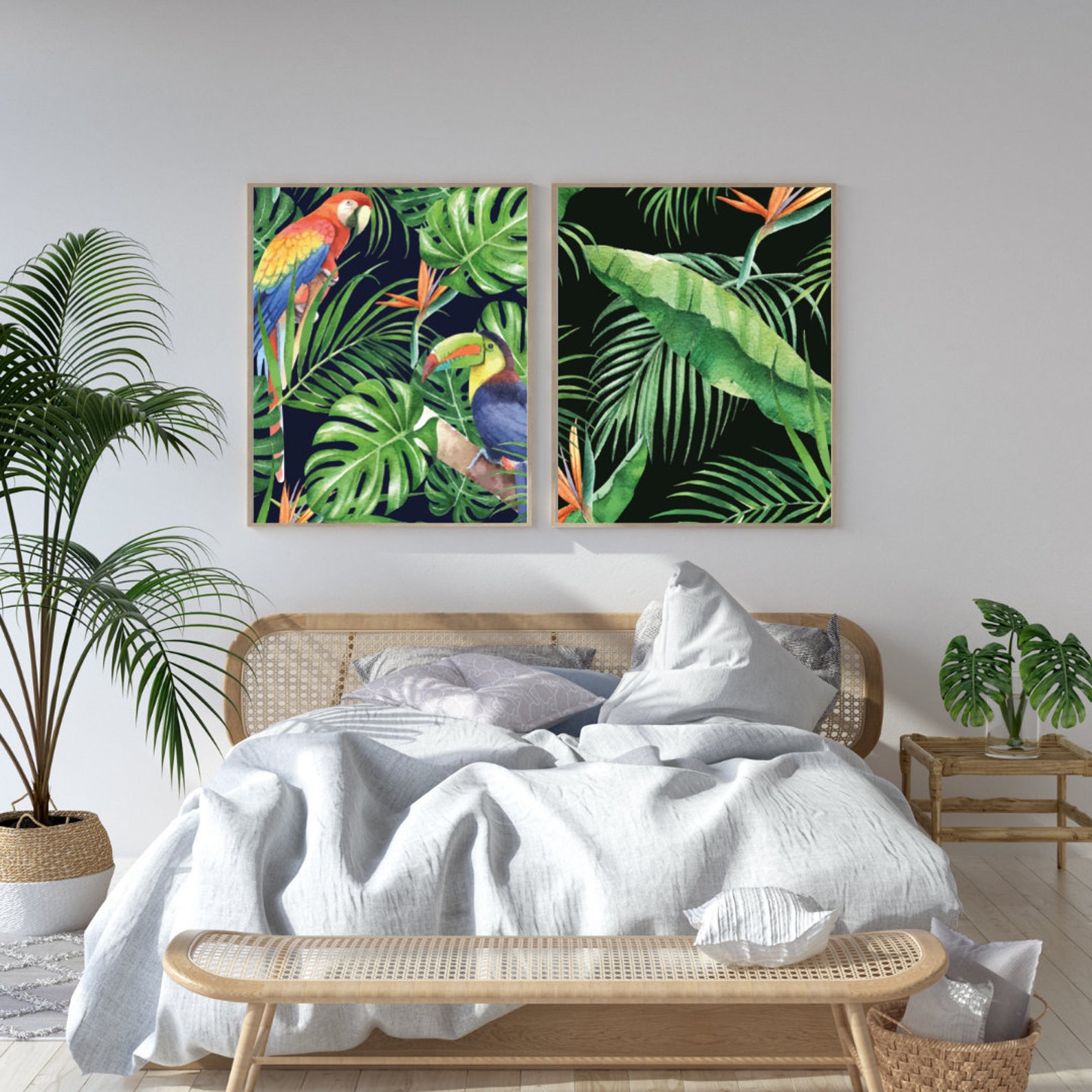 Exotic Botanical Print Set, Exotic Bird Prints, Palm Leaf Wall Print ...