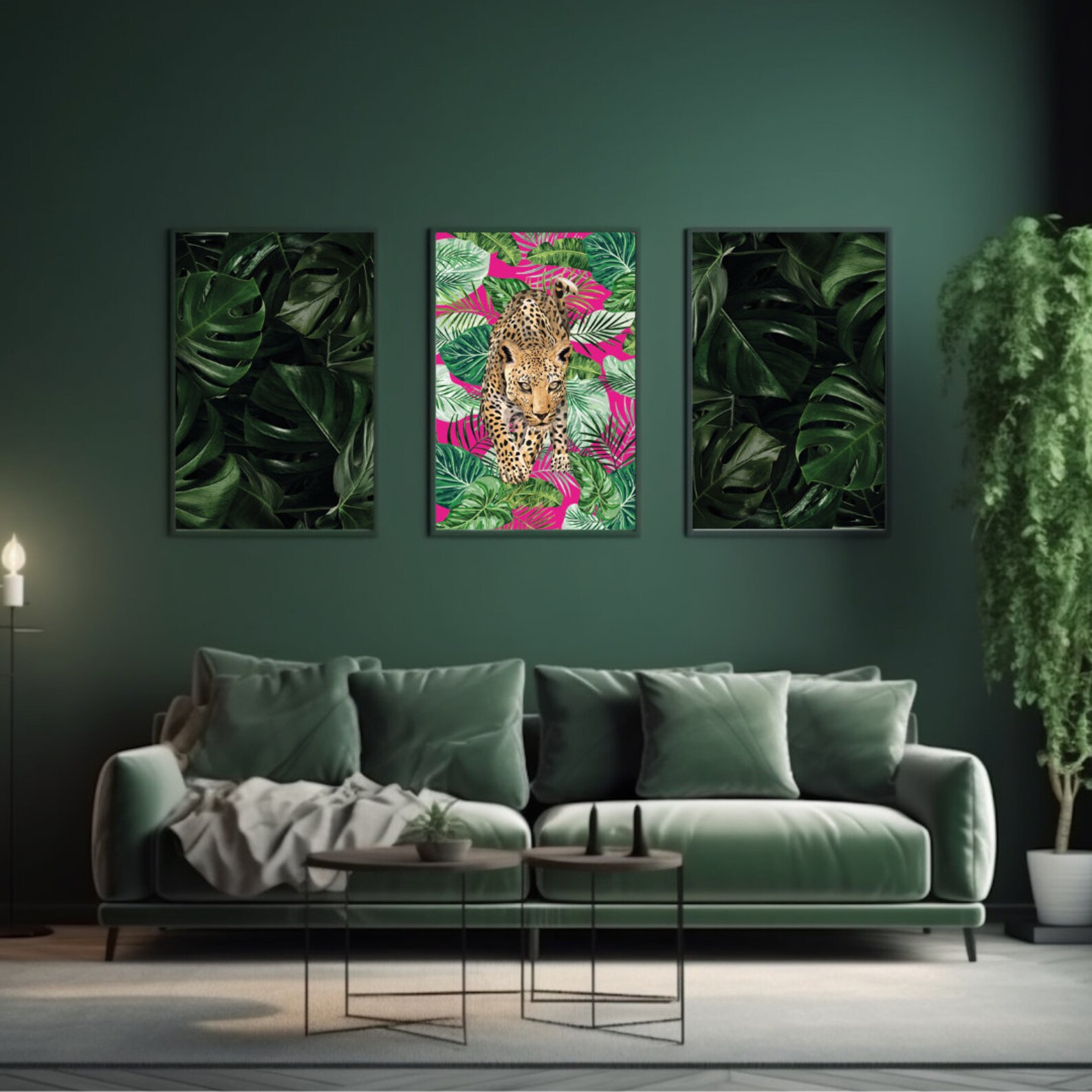 Tropical Jungle Print Set - Vibrant Hot Pink Leopard and Dark Green ...
