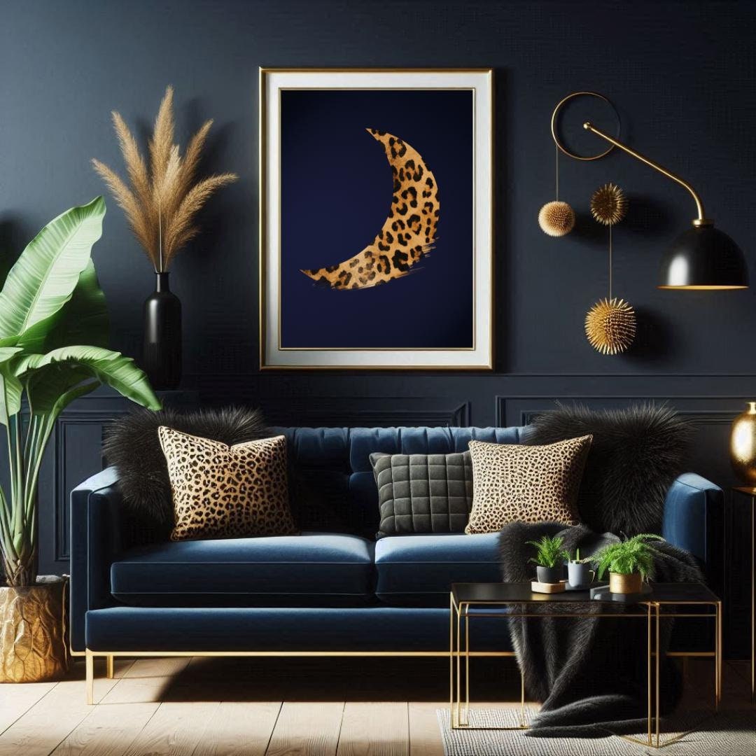 Leopard Print Moon Art on Dark Blue Background | Funky Modern ...