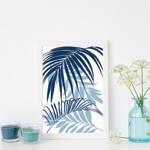 Blue Botanical Palm Tree Wall Print, Tropical Wall Poster, Large ...