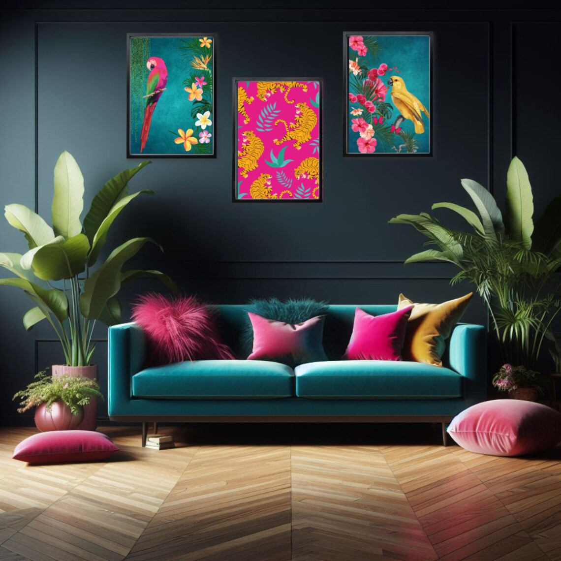 Tropical Maximalist Teal & Hot Pink Print Set - Vibrant Tropical Bird ...