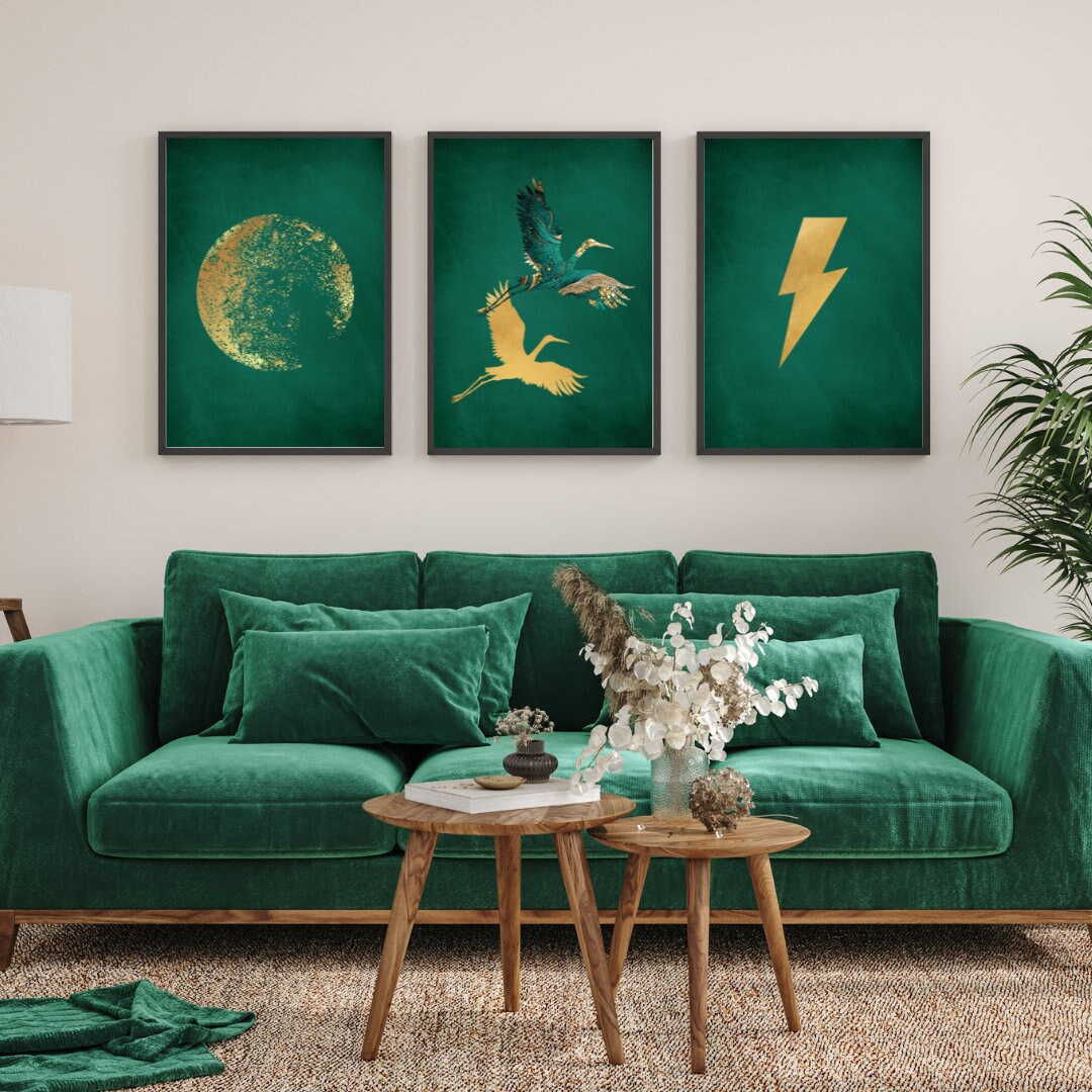 Emerald Green & Gold Set of 3 Prints, Emerald Green and Gold Crane ...