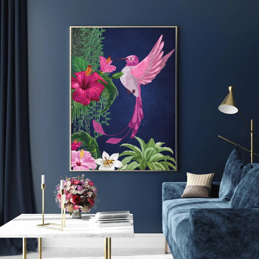 Vibrant Pink and Navy Tropical Hummingbird Print Bold Maximalist Jungle ...