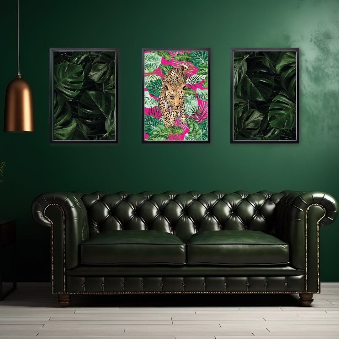 Tropical Jungle Print Set - Vibrant Hot Pink Leopard and Dark Green ...