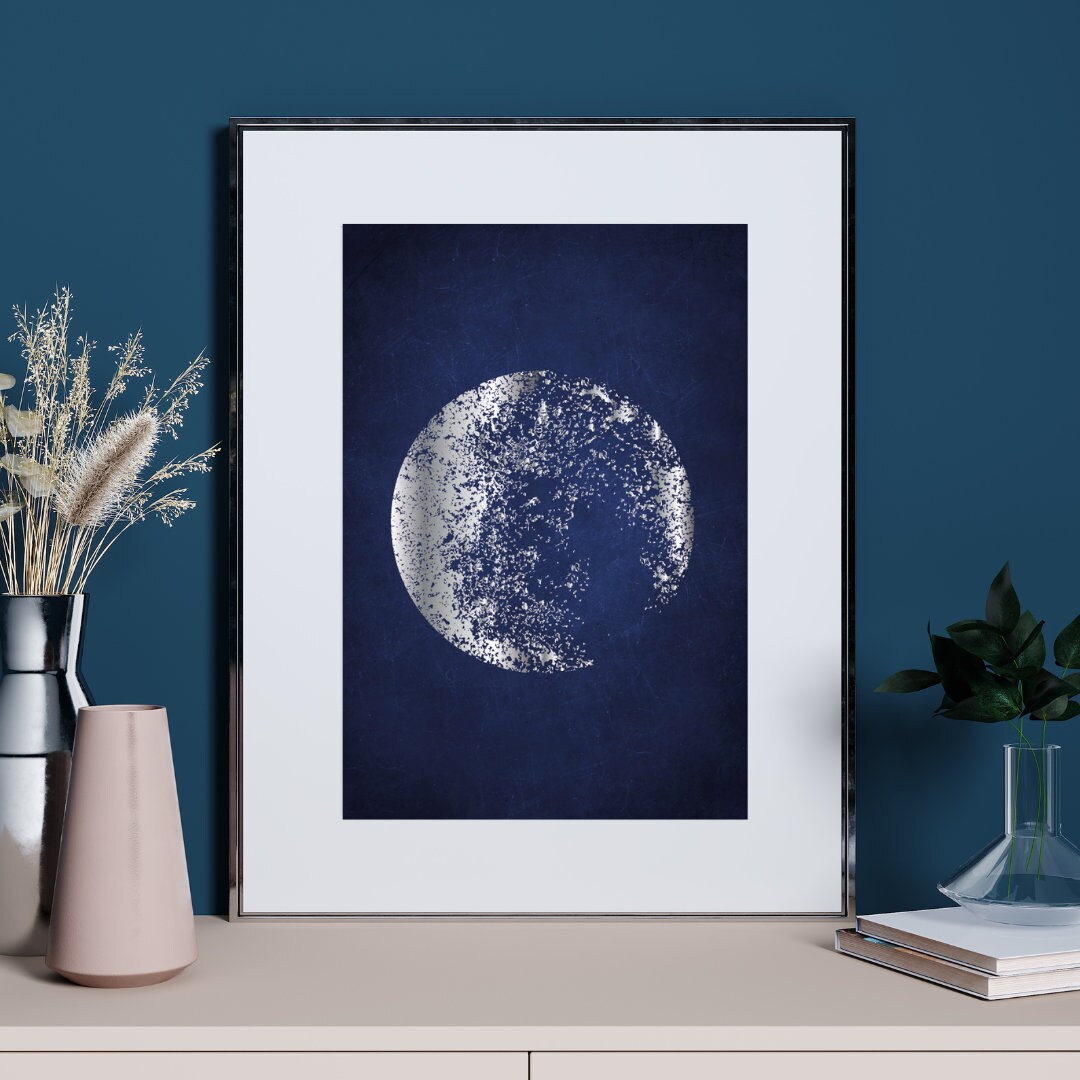 Navy Blue and Silver Moon Print, Celestial Wall Prints, Luxury Wall ...