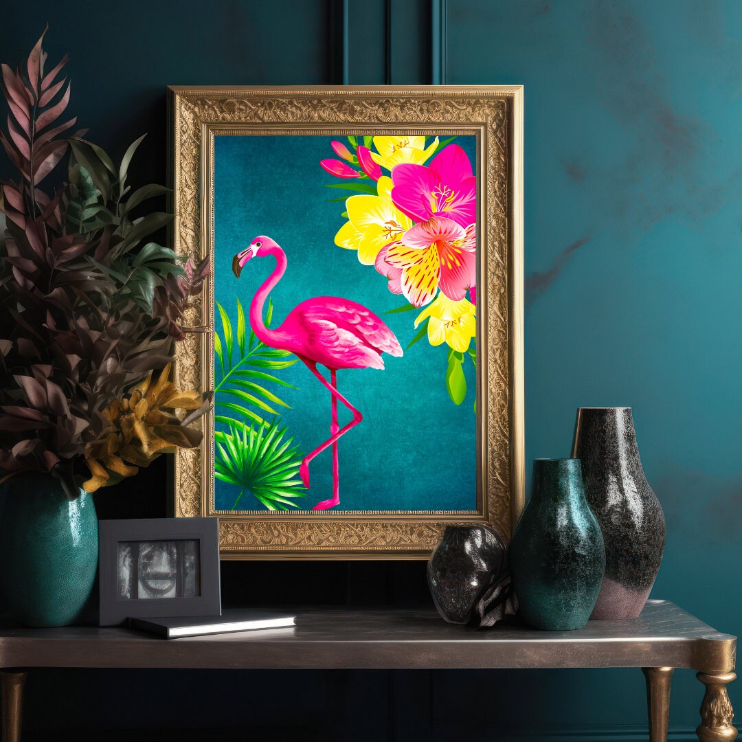 Vibrant Maximalist Flamingo Print, Tropical Teal Maximalist Wall Art ...