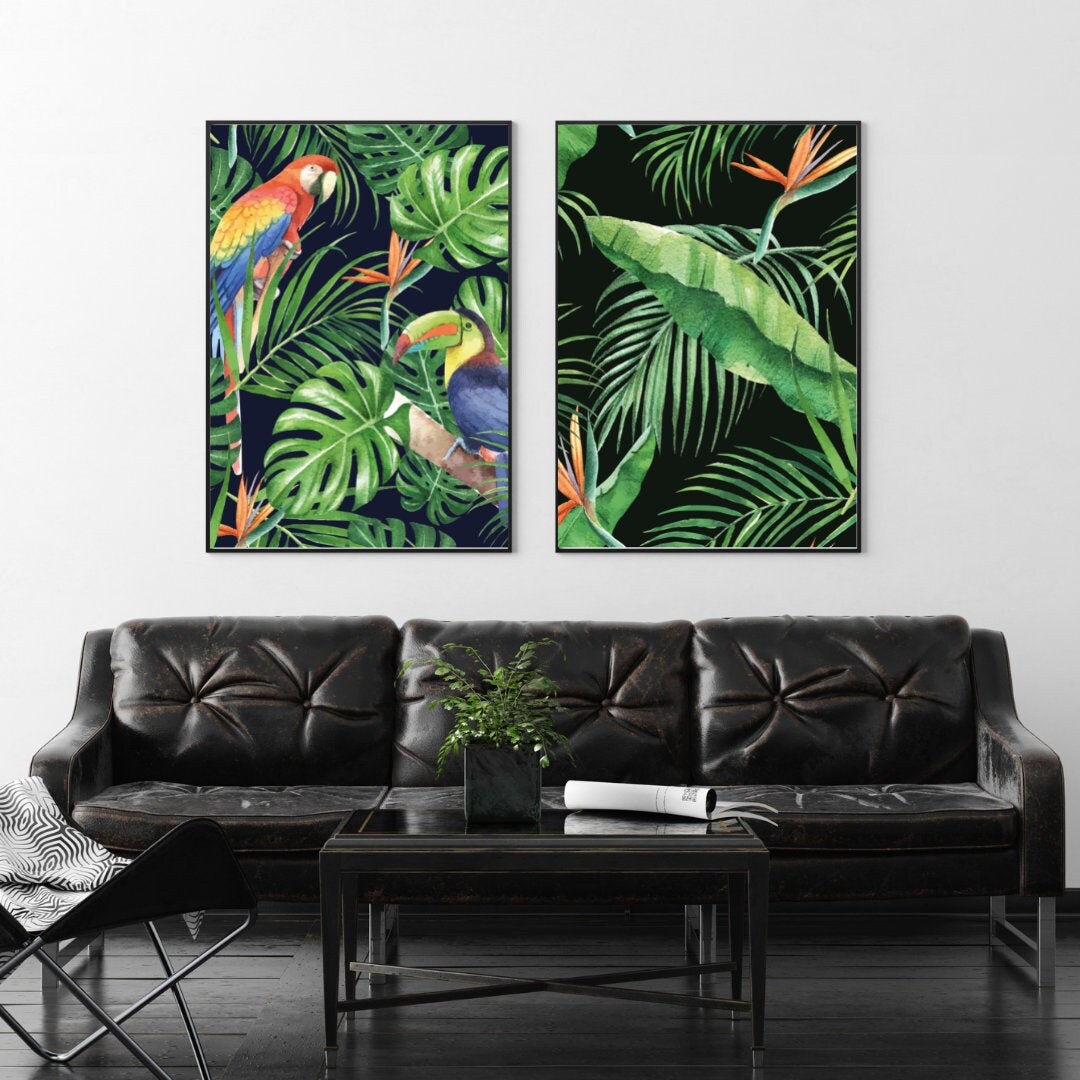 Exotic Botanical Print Set, Exotic Bird Prints, Palm Leaf Wall Print ...