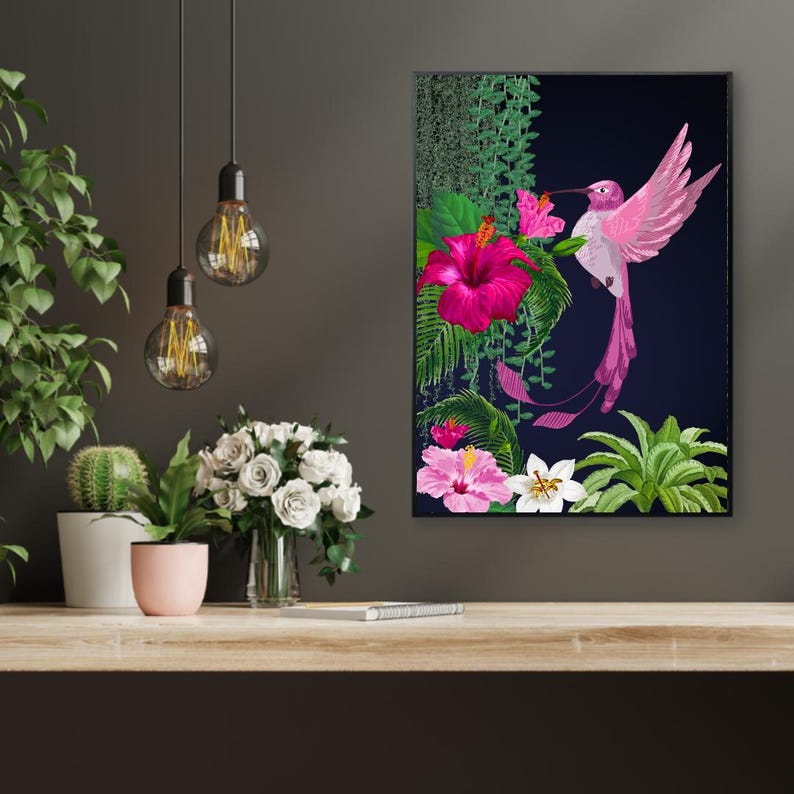 Vibrant Pink and Navy Tropical Hummingbird Print - Bold Maximalist ...