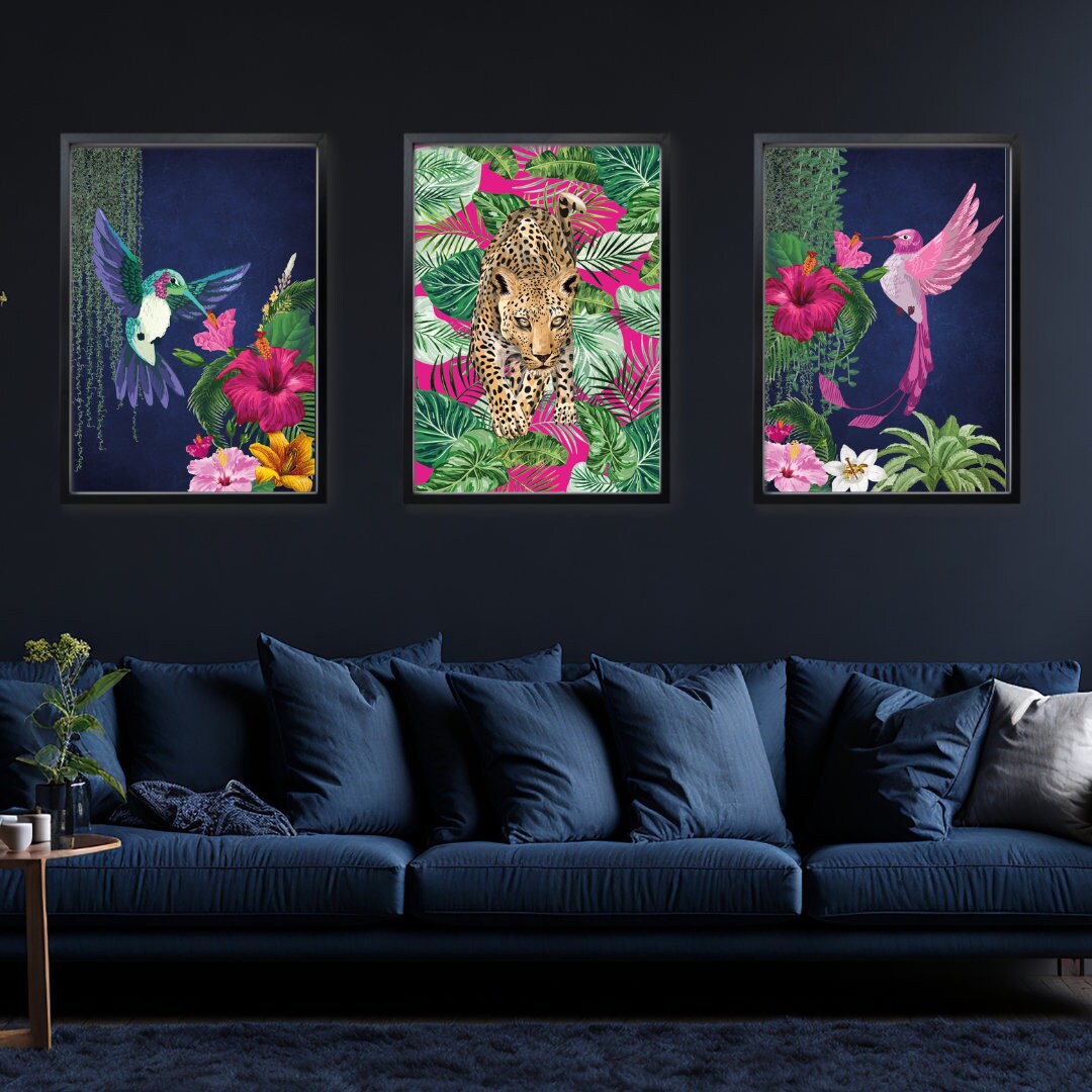 Navy & Pink Tropical Maximalist Print Set - Exotic Animals and ...