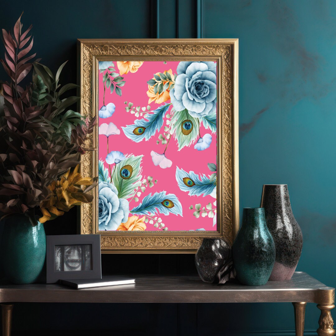 Maximalist Pink Print With Blue Roses, Peacock Feather Pattern | Summer ...