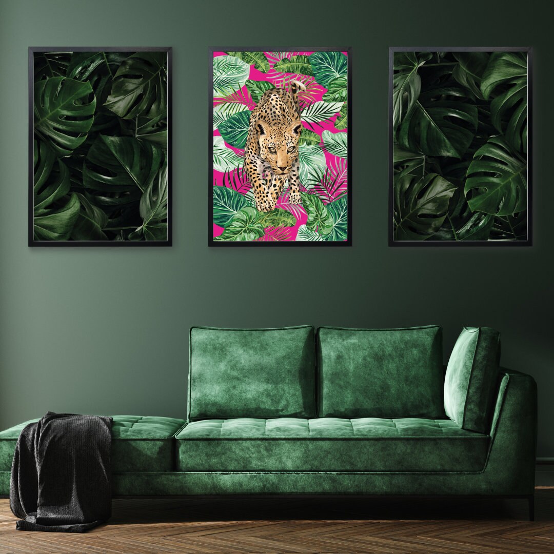 Tropical Jungle Print Set - Vibrant Hot Pink Leopard and Dark Green ...