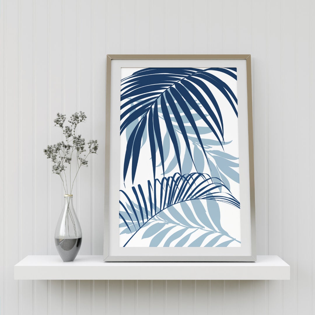 Blue Botanical Palm Tree Wall Print, Tropical Wall Poster, Large ...