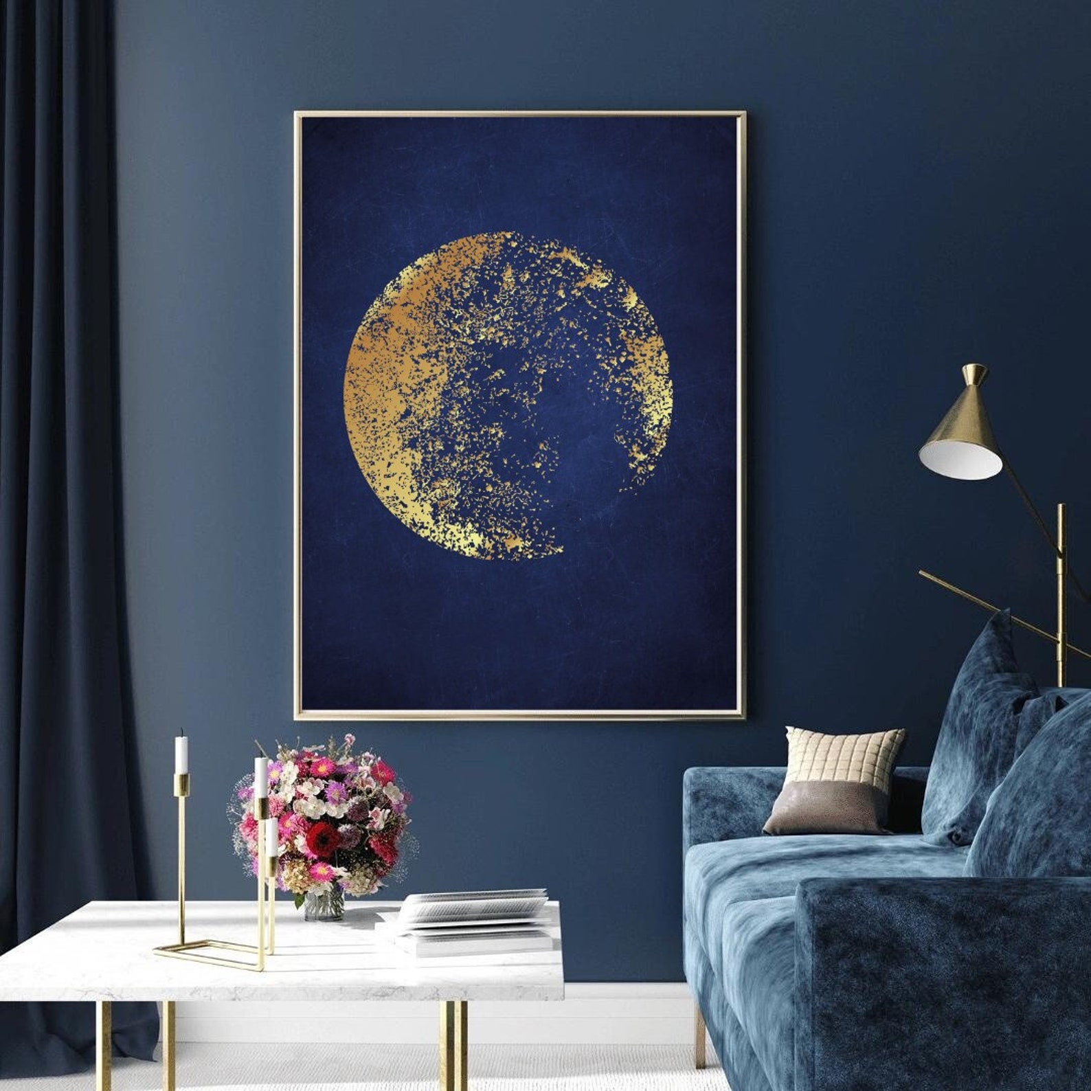 Dark Navy & Gold Moon Wall Art | Moon Print on Navy | Celestial Decor ...