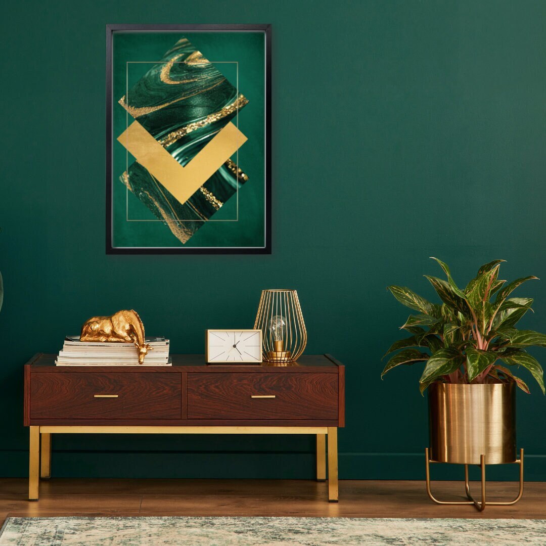 Emerald Green and Gold Geometric Print, Green and Gold Diamond Wall ...