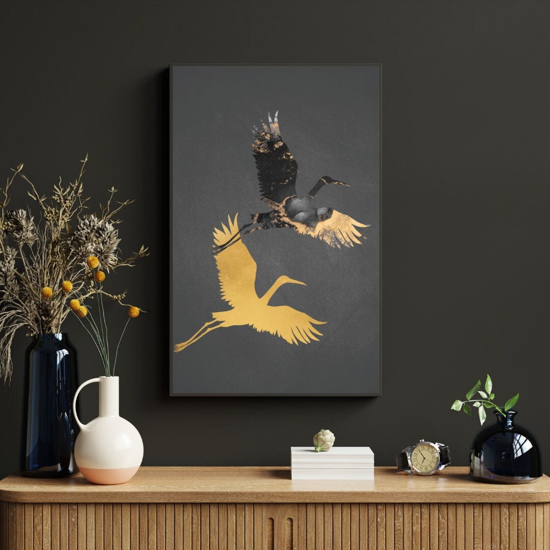 Black and Gold Crane Print, Crane Birds Wall Art, Japanese Inspired ...