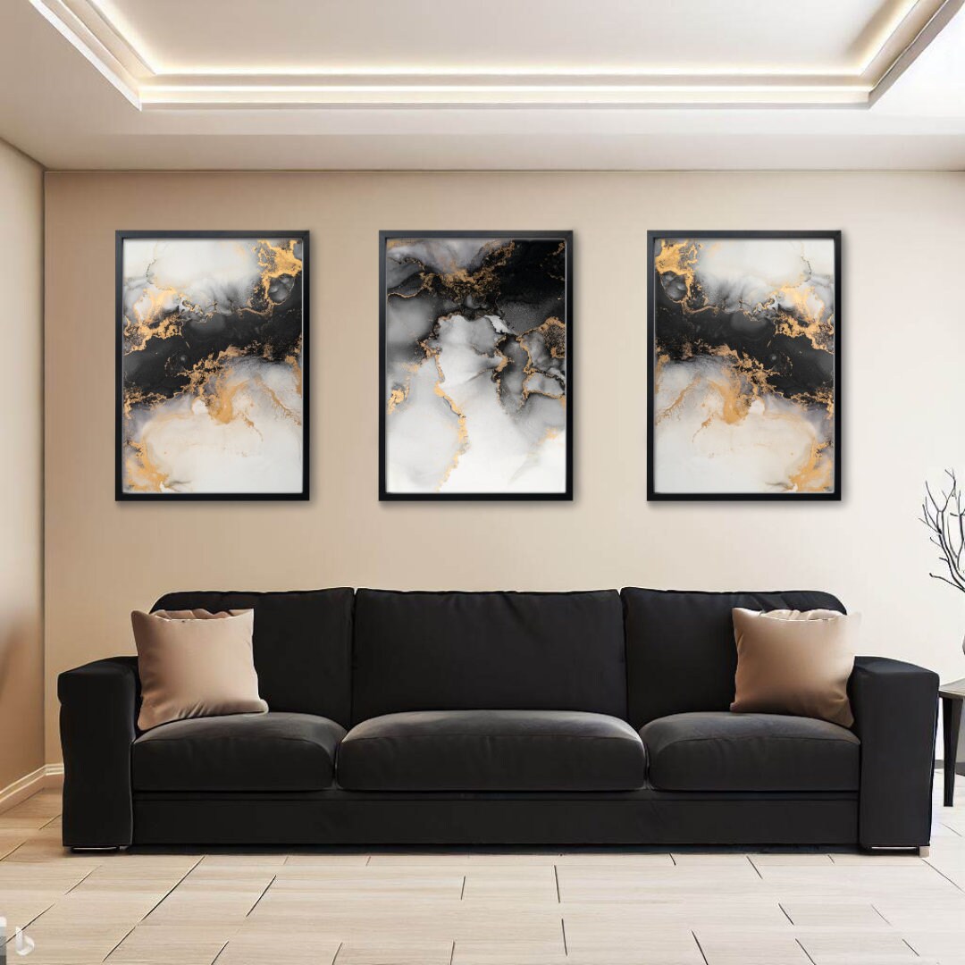 Black & Gold Luxury Fluid Ink Print Set, Elegant Abstract Living Room ...