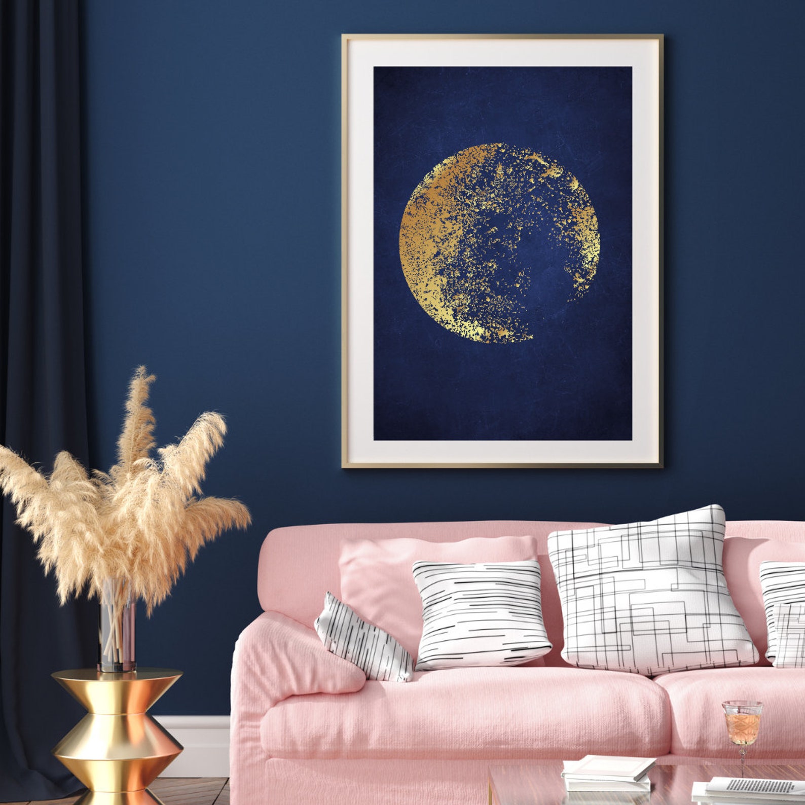 Dark Navy & Gold Moon Wall Art | Moon Print on Navy | Celestial Decor ...