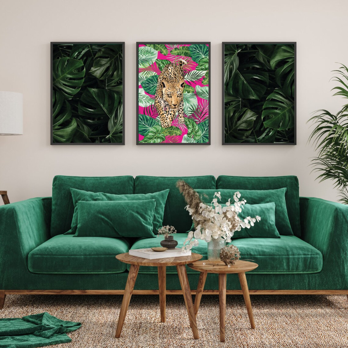 Tropical Jungle Print Set - Vibrant Hot Pink Leopard and Dark Green ...