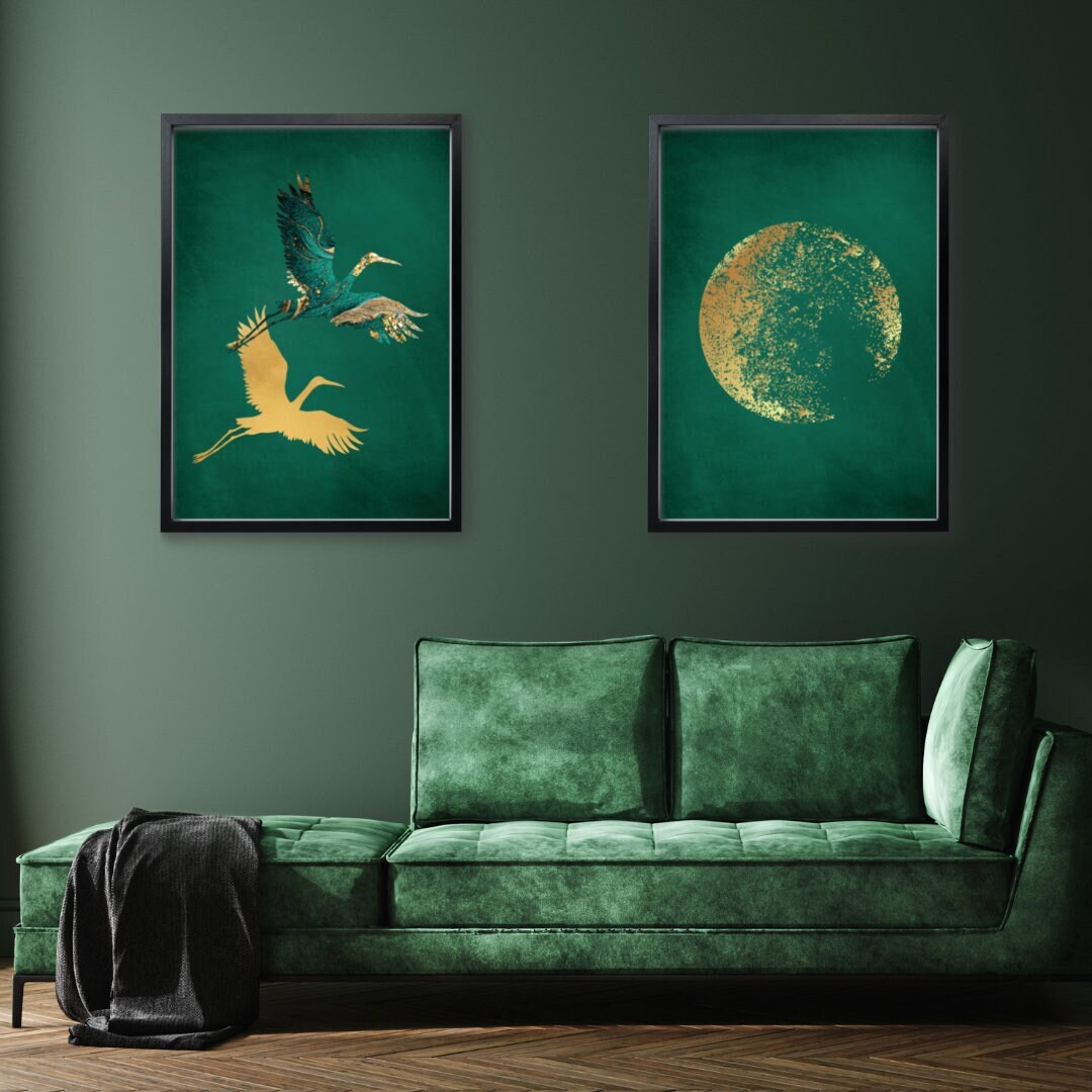 Emerald Green & Gold Print Set Gold Moon Wall Print Gold - Etsy