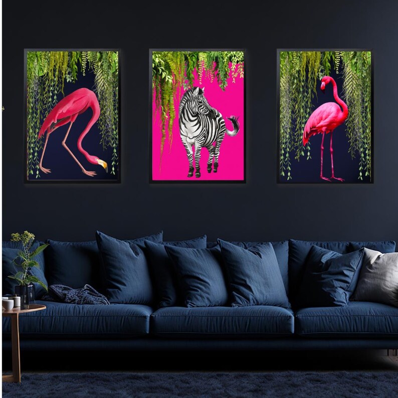 Tropical Flamingo & Zebra Wall Art Set of 3 Prints | Maximalist Jungle ...