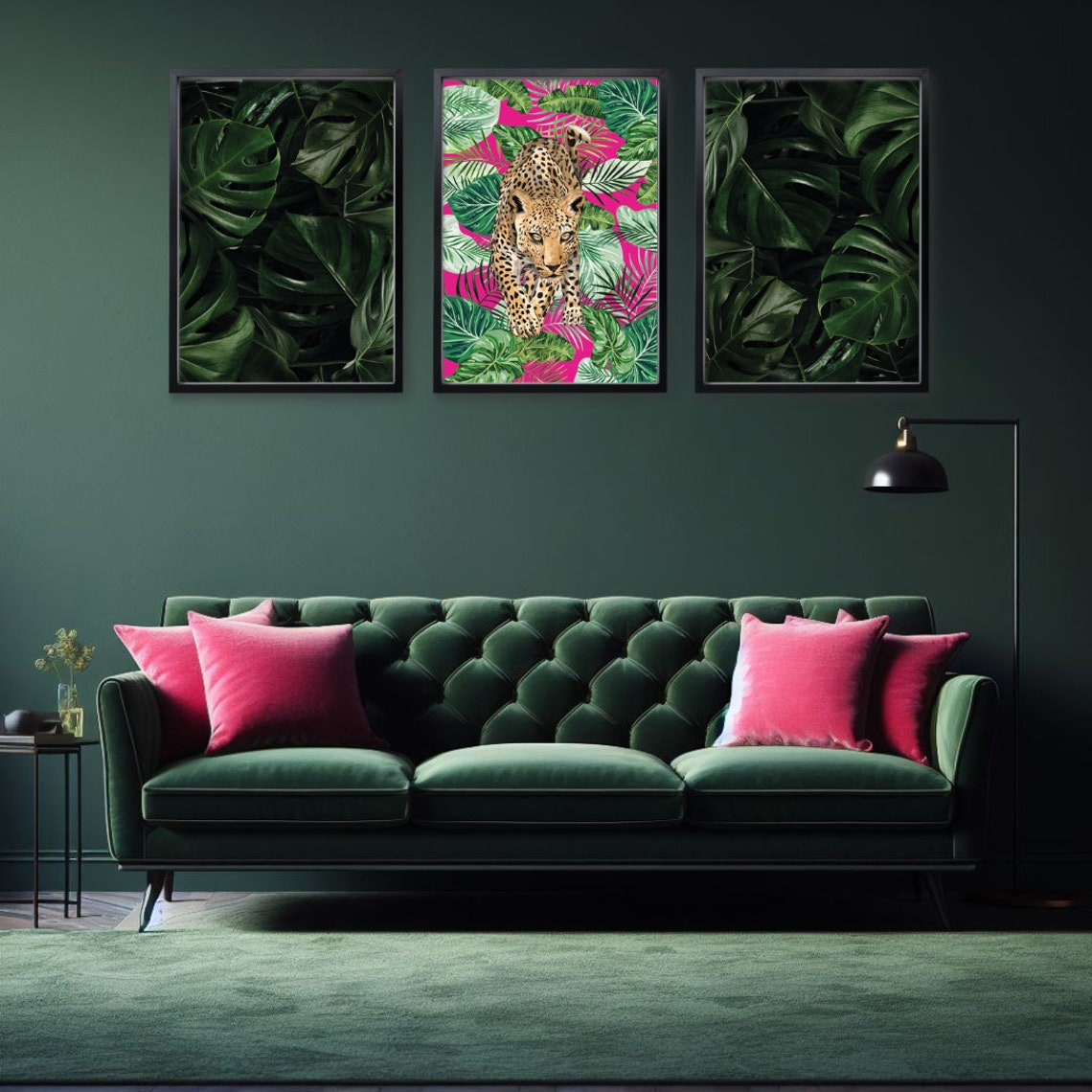 Tropical Jungle Print Set - Vibrant Hot Pink Leopard and Dark Green ...