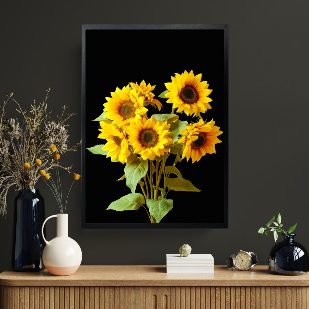 Vibrant Sunflower Art on a Moody Black Background - Statement Floral ...