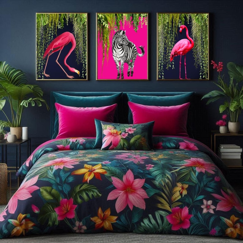 Tropical Flamingo & Zebra Wall Art Set of 3 Prints | Maximalist Jungle ...