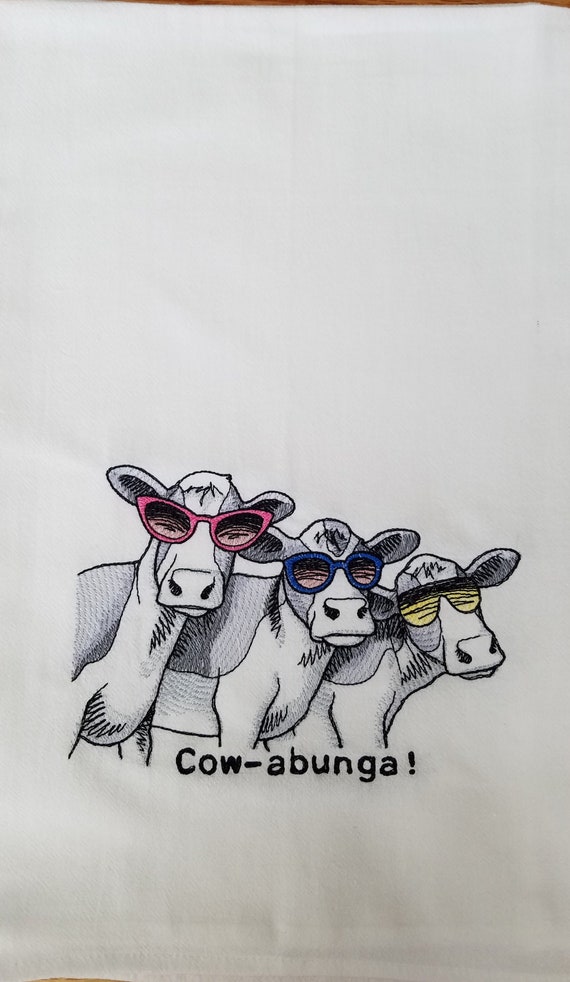 Cow-abunga Sketched Colorful Embroidered Kitchen Tea Towel | Etsy