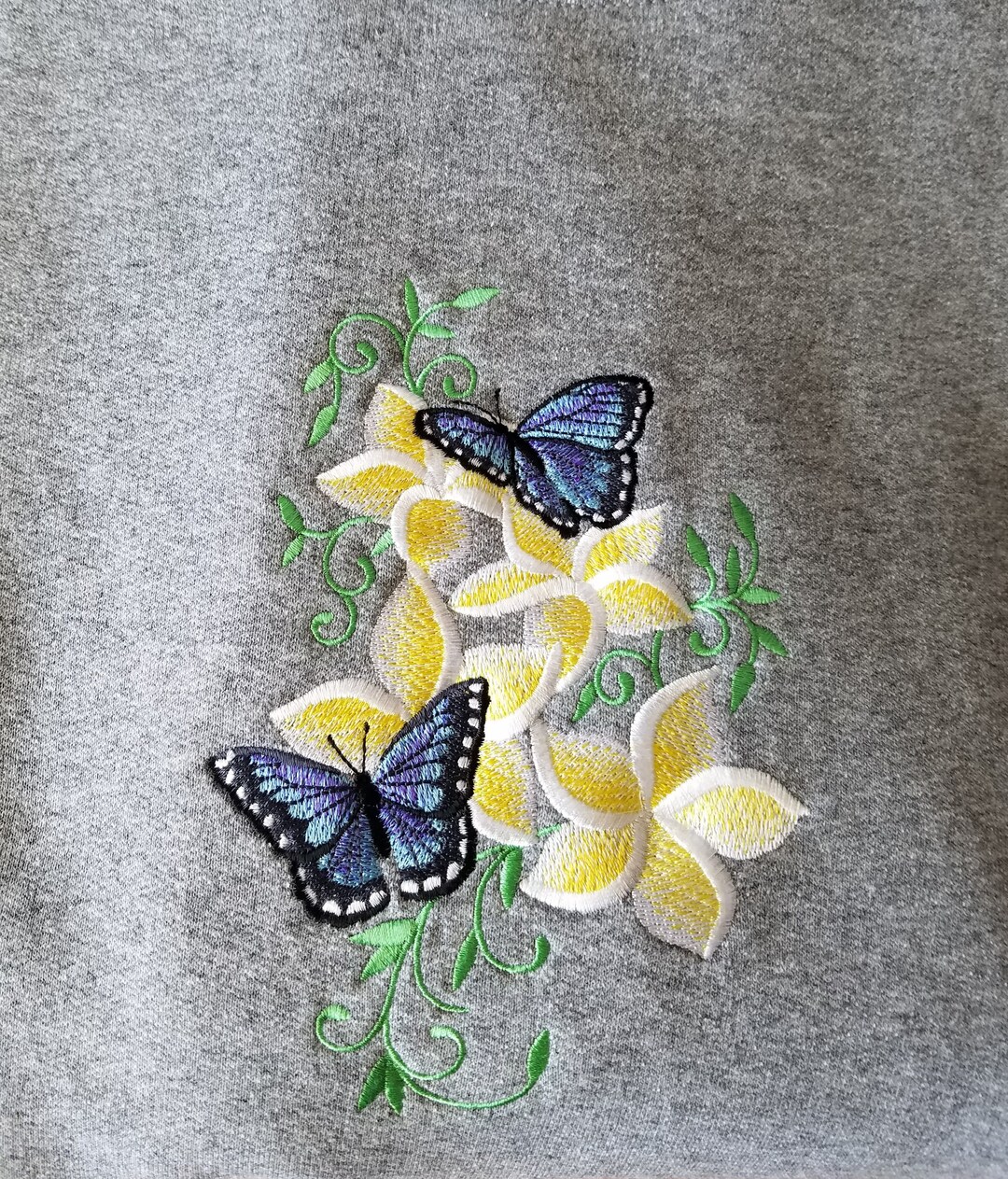 Embroidered Frangipani and Butterflies, on Athletic Gray Sweatshirt ...
