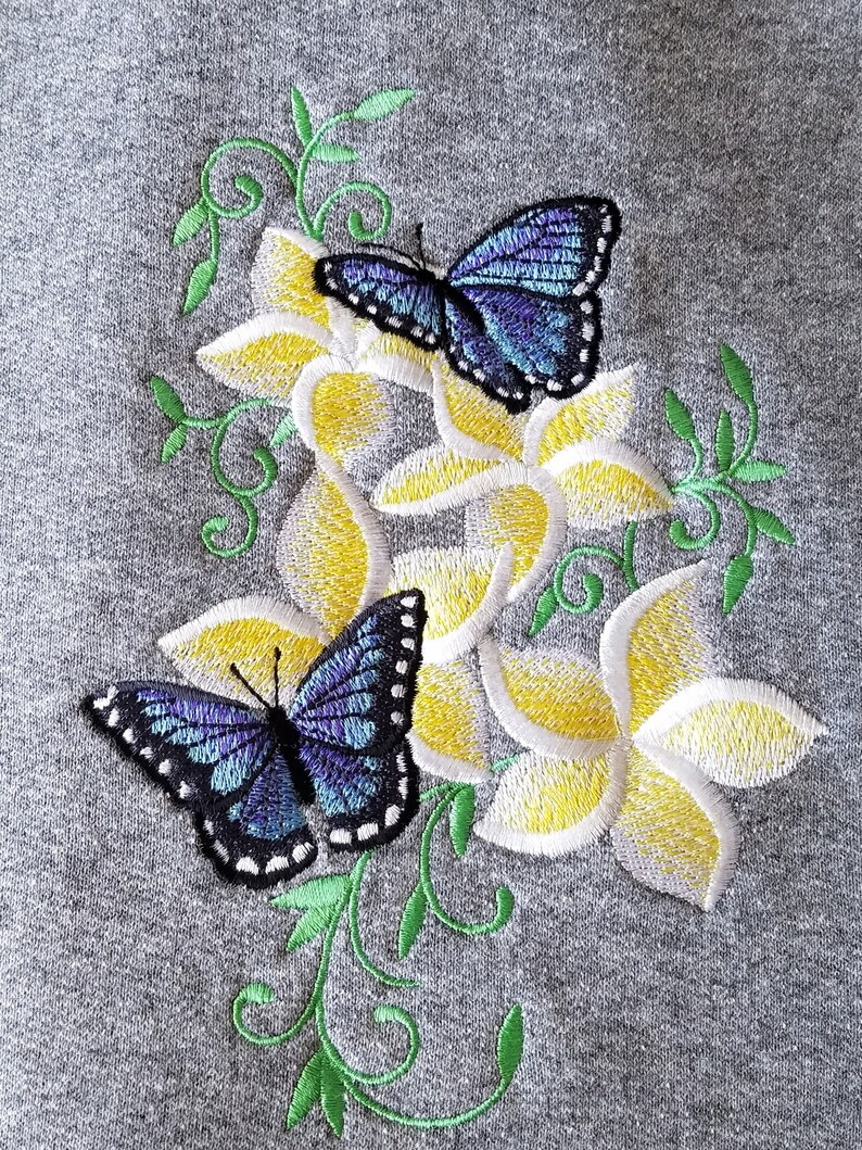 Embroidered Frangipani and Butterflies, on Athletic Gray Sweatshirt ...