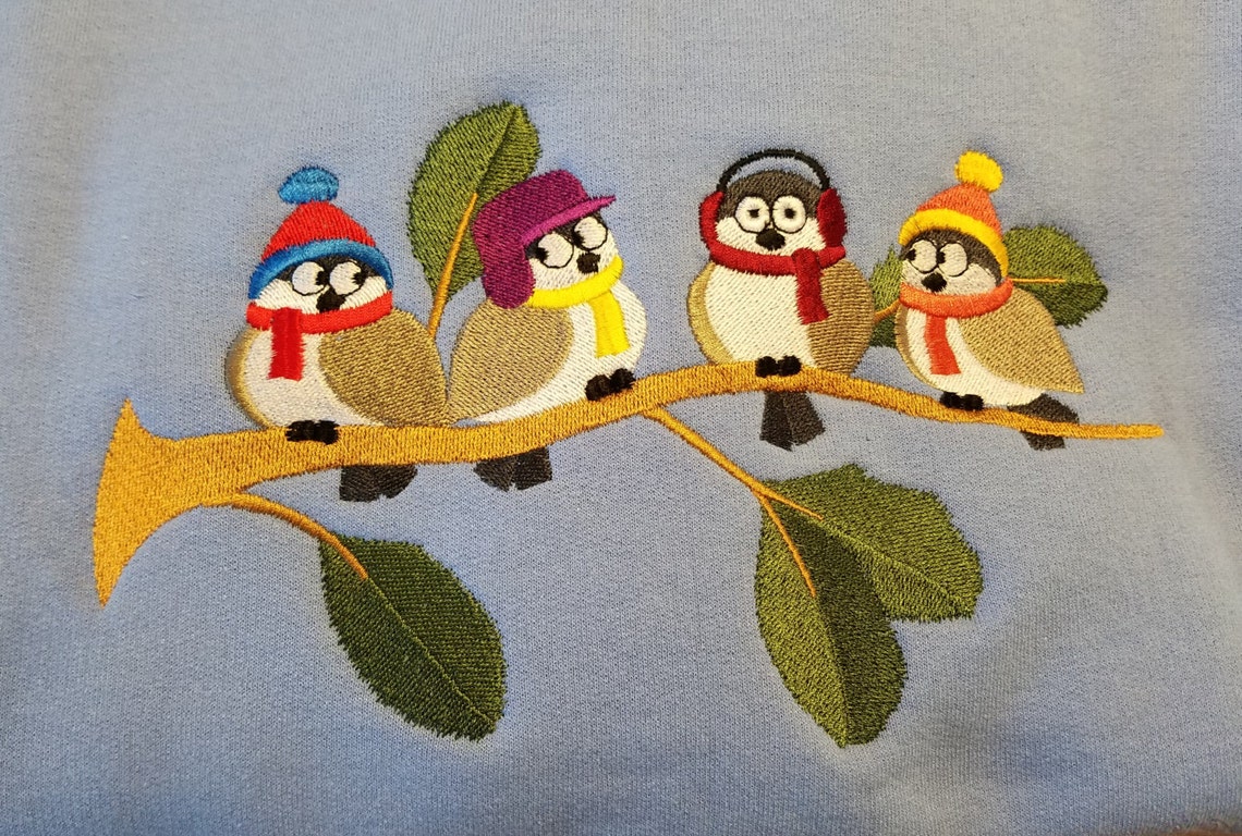 Embroidered Chickadees Dressed for Winter Light Blue UNISEX Sweatshirt ...