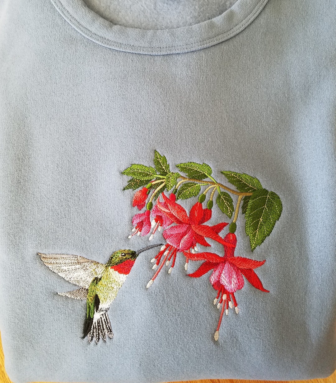 Embroidered Hummingbird Sweatshirt: Ruby-throated Bird & Fuchsia ...