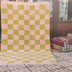 Checkered Rug Green Wool Hand Woven Genuine Moroccan Beni Ourain Carpet ...