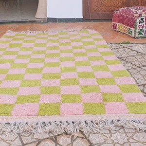 Checkered Rug Green Wool Hand Woven Genuine Moroccan Beni Ourain Carpet ...