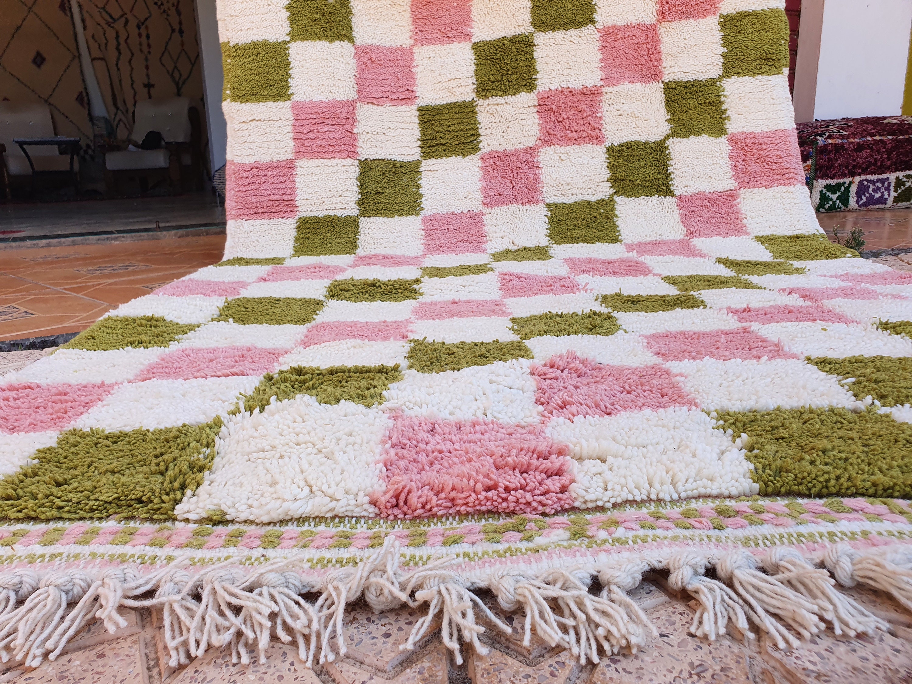 Beautiful Checkered Moroccan Rug Green and Pink Checkered Wool | Etsy