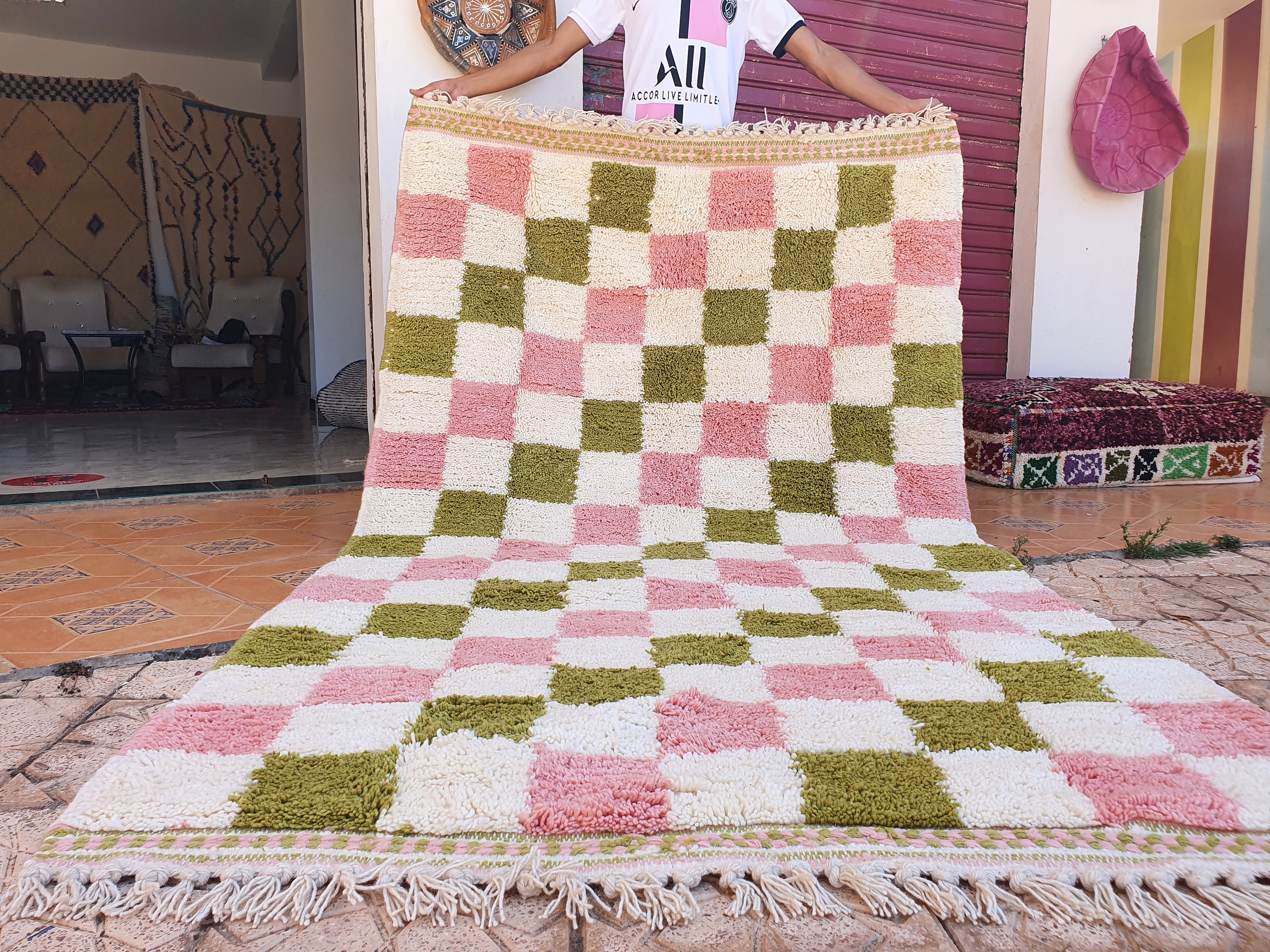 Beautiful Checkered Moroccan Rug Green and Pink Checkered Wool Hand ...