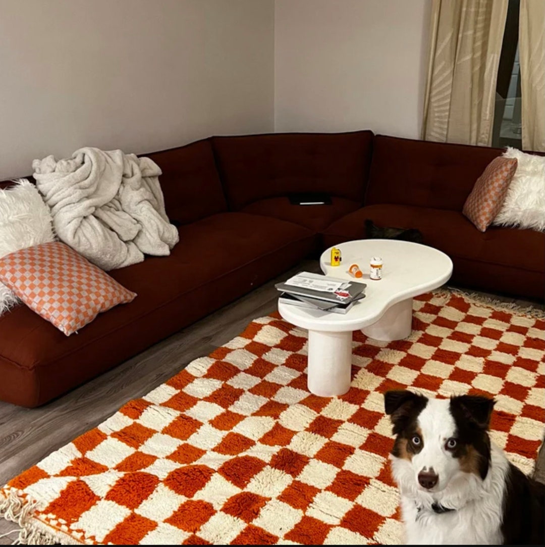 Orange Checkered Rug Wool Hand Woven Genuine Moroccan Beni Ourain ...